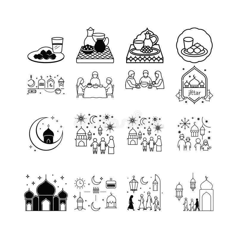 Ramadan Iftar with Family Eid Festivals in Mosque Line Art Stock Vector ...