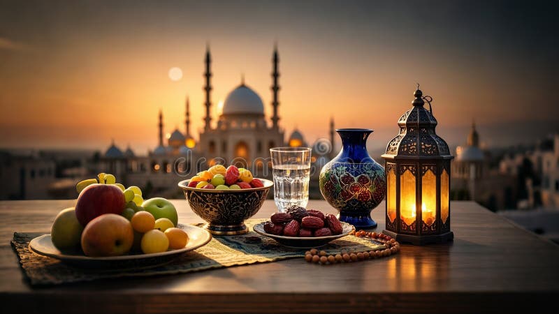 Ramadan Iftar Feast with Mosque Sunset Background Stock Image - Image ...