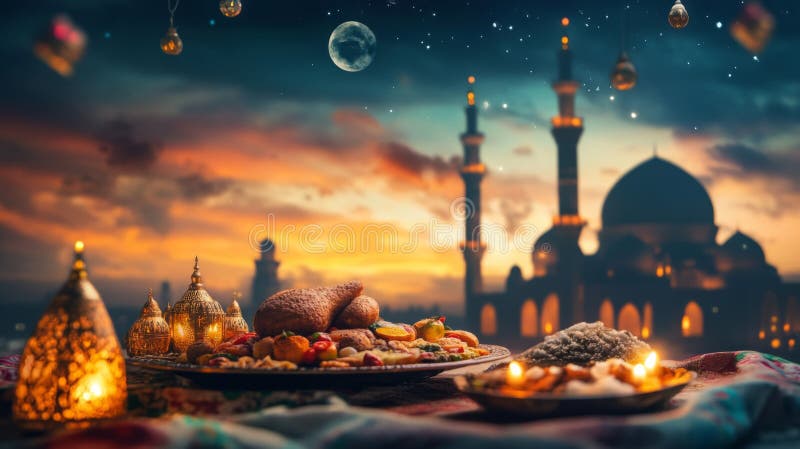 Ramadan Iftar Feast at Sunset with Mosque Silhouette Stock Illustration ...
