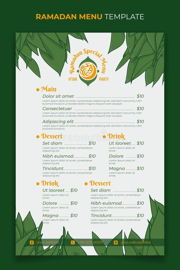Ramadan Iftar Food Menu Template with Green Leaves Background for ...