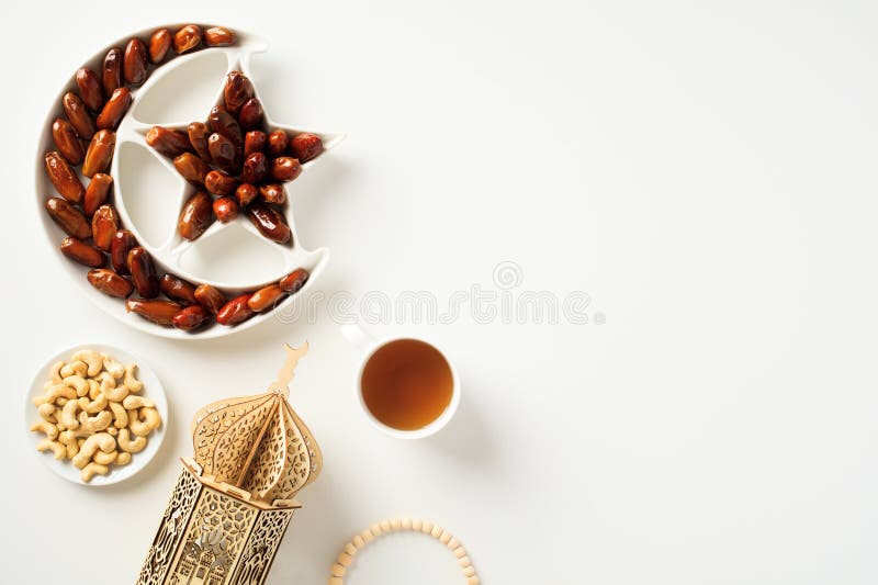 Ramadan Iftar Food and Oriental Lantern on White Table. Dried Dates ...