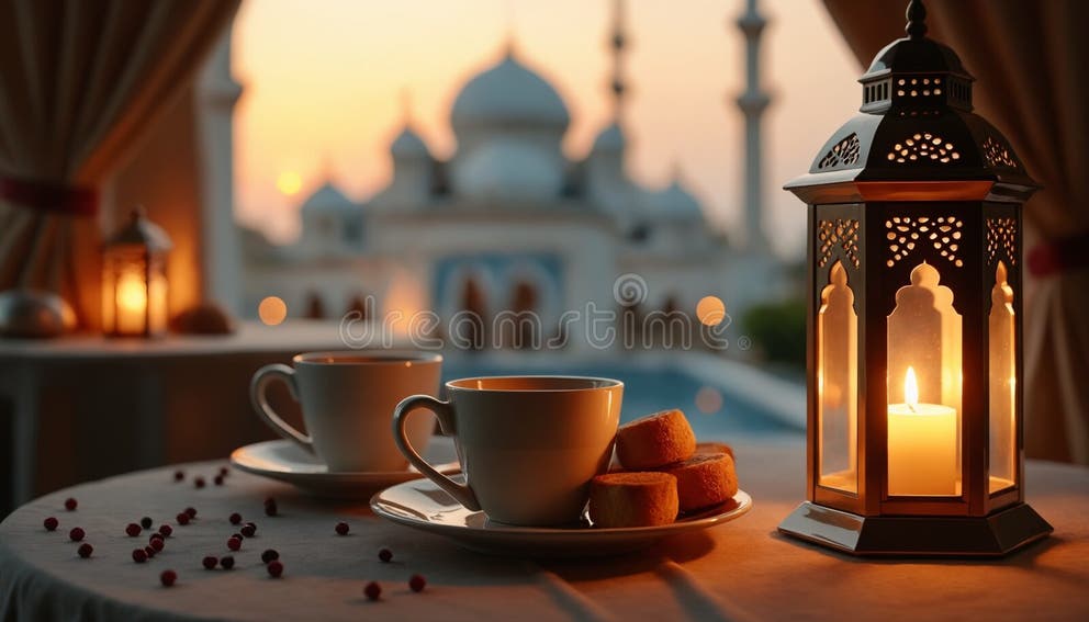 Ramadan Iftar Setting with Lantern, Tea, and Sweets at Sunset. Stock ...
