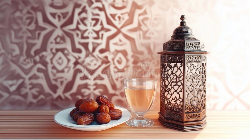 Ramadan Iftar Setup with Dates, Lantern, and Water Stock Illustration ...