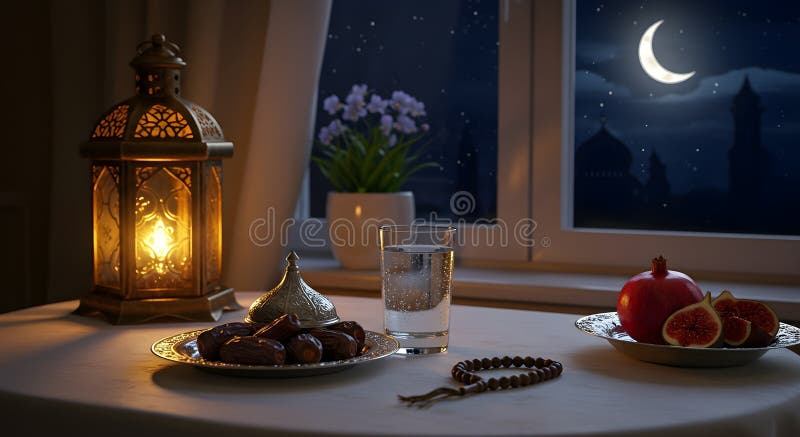 Ramadan Iftar Setup with Dates, Water, Fruits, and Lantern Under ...