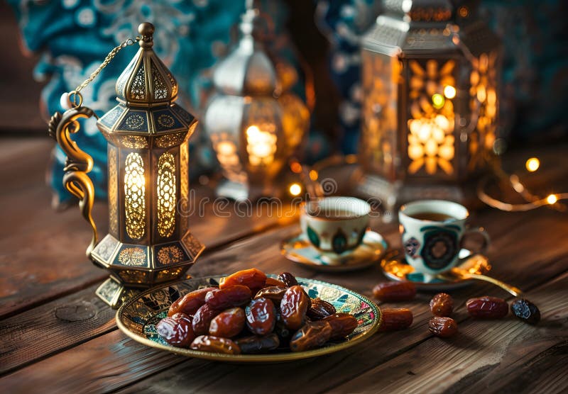 Ramadan Iftar Table Setting with Dates and Lanterns Stock Illustration ...