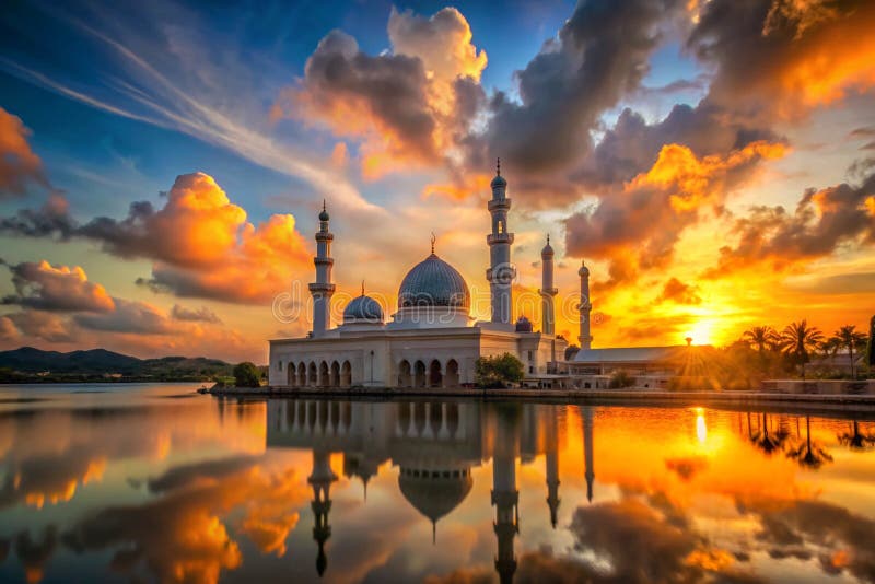 Ramadan Islamic Background: Beautiful Mosque at Sunset with Dramatic ...
