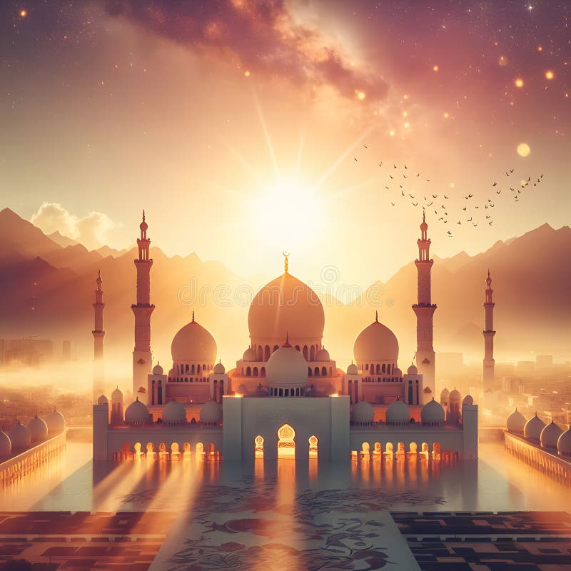 Ramadan Kareem Eid Mubarak Mosque in Evening with Sun Light Background ...