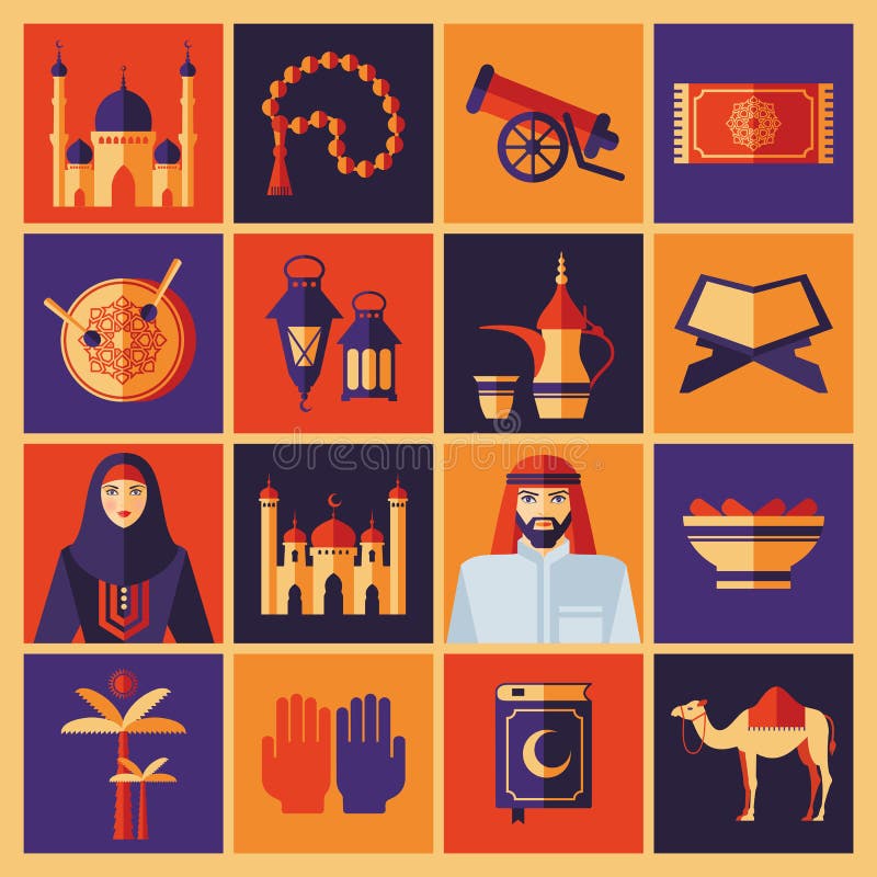 Ramadan Kareem Icons Set of Arabian.Color Collage. Stock Vector ...