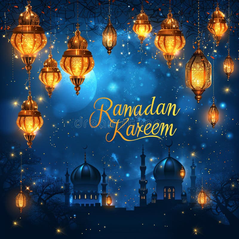 Ramadan Kareem Night Scene with Illuminated Lanterns and Mosques Stock ...