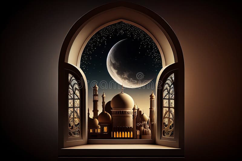 Ramadan Kareem Window of a Islamic Mosque Interior Moonlight Shine ...