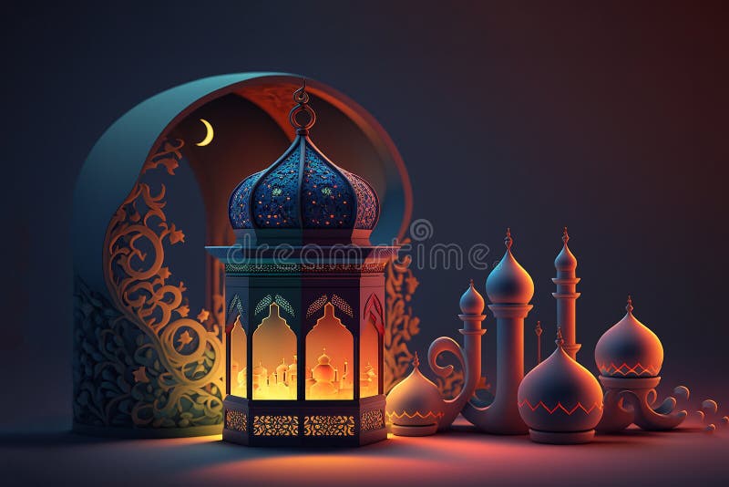 Ramadan Lantern with Crescent Moon on Night Sky Background, Watercolor ...