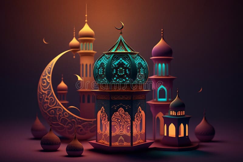 Ramadan Lantern with Crescent Moon on Night Sky Background, Watercolor ...