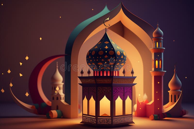 Ramadan Lantern with Crescent Moon on Night Sky Background, Watercolor ...
