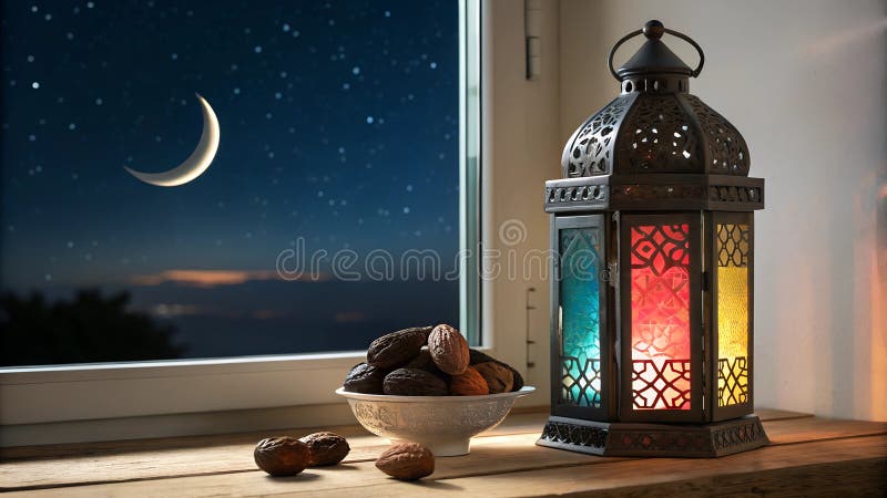 Ramadan Lantern, Dates, and Crescent Moon at Window Stock Illustration ...