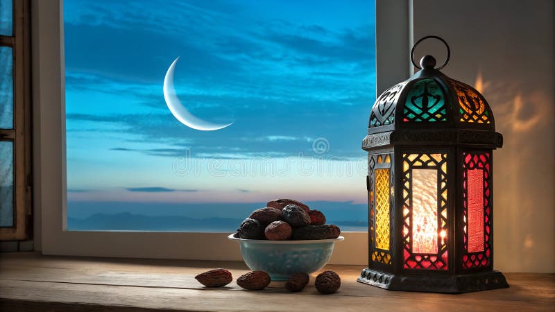 Ramadan Lantern, Dates, and Crescent Moon at Window Stock Illustration ...