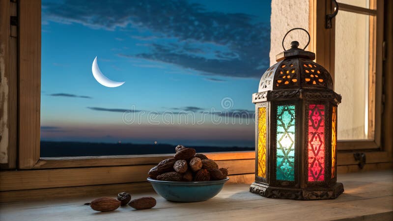 Ramadan Lantern, Dates, and Ramadan Crescent Moon at Window Stock ...