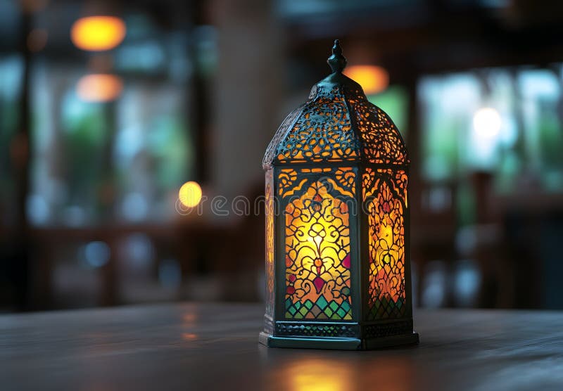 Ramadan Lantern Glowing on Empty Table Stock Illustration ...