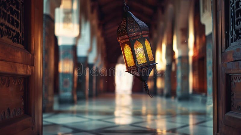 A Ramadan Lantern Hanging on a Mosque with a Long Corridor at the Back ...