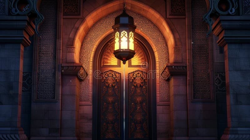 A Ramadan Lantern Hanging on a Mosque with a Long Corridor at the Back ...
