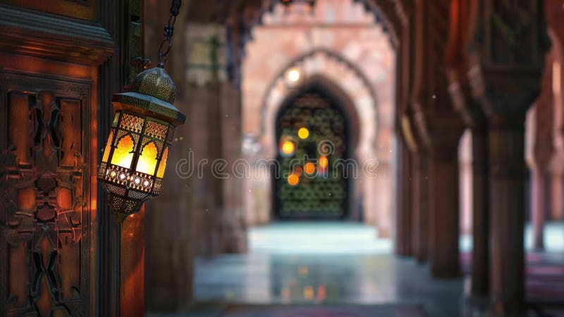 A Ramadan Lantern Hanging on a Mosque with a Long Corridor at the Back ...