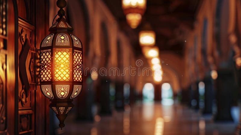 A Ramadan Lantern Hanging on a Mosque with a Long Corridor at the Back ...