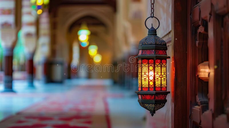 A Ramadan Lantern Hanging on a Mosque with a Long Corridor at the Back ...