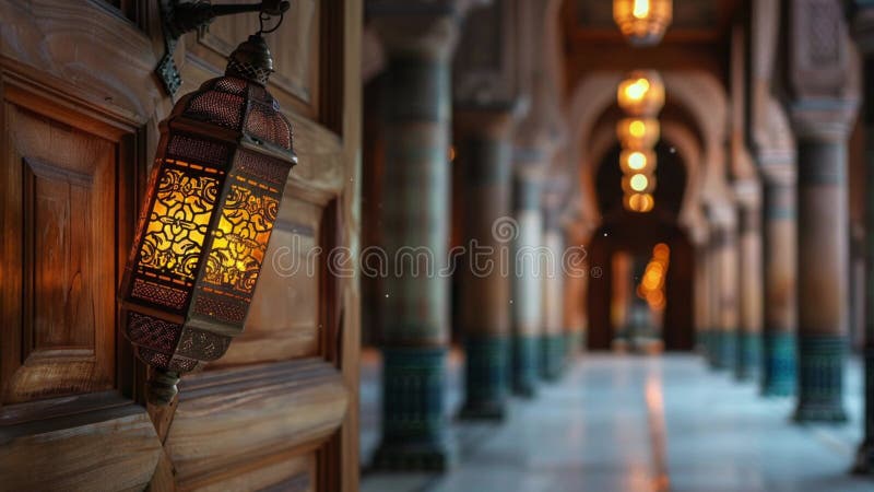 A Ramadan Lantern Hanging on a Mosque with a Long Corridor at the Back ...