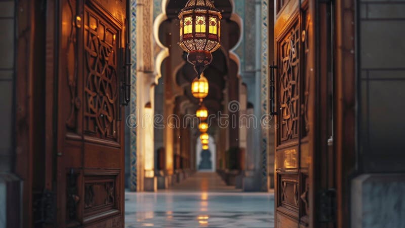 A Ramadan Lantern Hanging on a Mosque with a Long Corridor at the Back ...