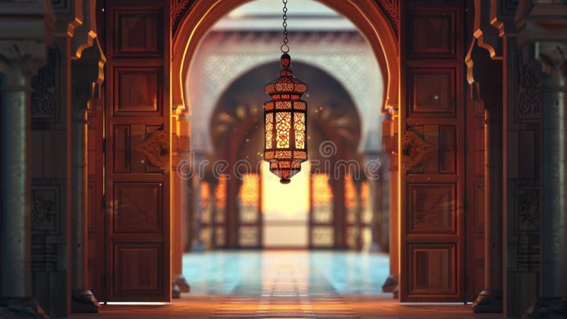 A Ramadan Lantern Hanging on a Mosque with a Long Corridor at the Back ...
