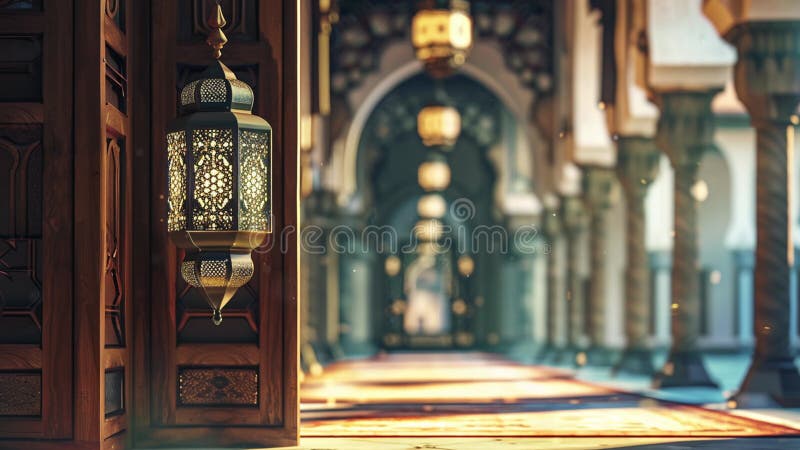 A Ramadan Lantern Hanging on a Mosque with a Long Corridor at the Back ...