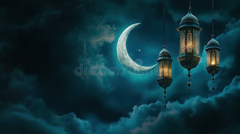 Ramadan Lanterns Crescent Moon Night Sky Greeting Stock Image - Image ...