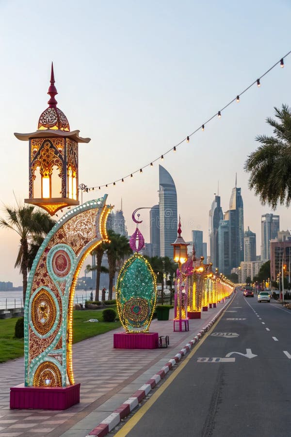 Ramadan Lights at Doha Corniche Road Stock Illustration - Illustration ...