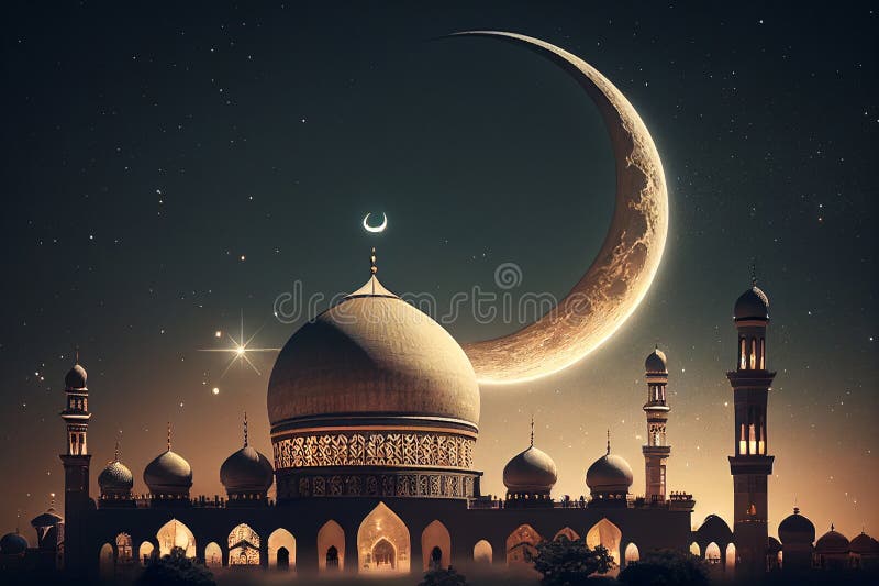 Ramadan Mosque and Moon Night View and 3d Generative Ai Stock ...