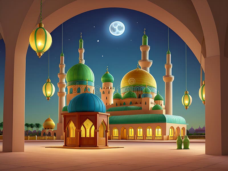 Ramadan Mubarak Window in Modern Style with Moon, Mosque Dome and ...