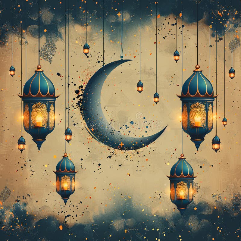 Ramadan Night Scene with Intricate Lanterns and Crescent Moon Stock ...