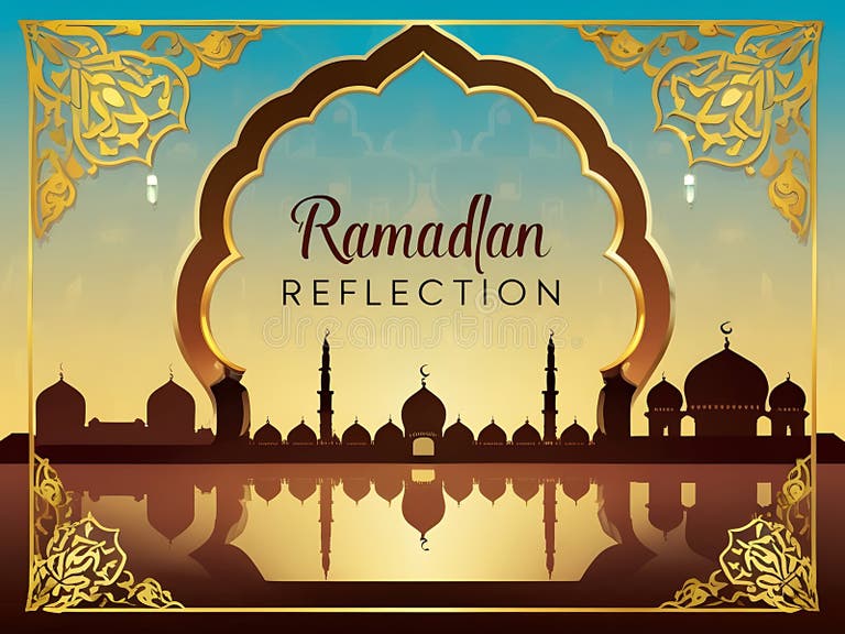 Ramadan Reflection Mosques Silhouette Golden Frame Stock Illustration ...