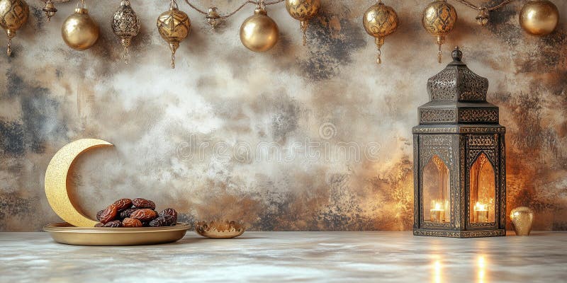 Ramadan Still Life Crescent Moon Lantern Dates Stock Photos - Free ...