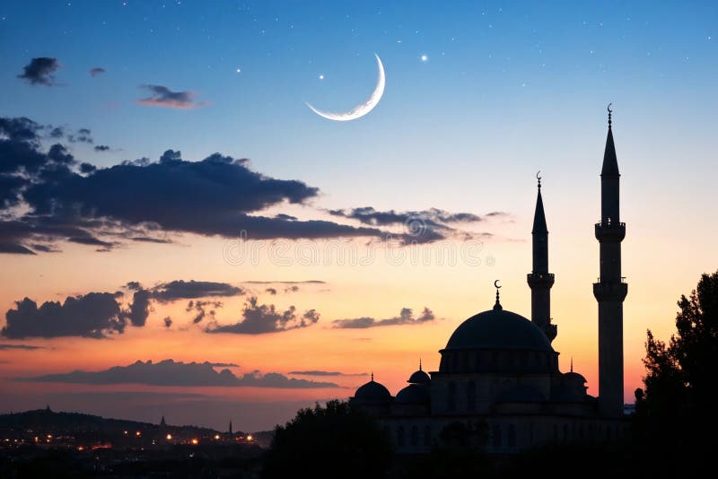 Ramadan Sunset with Eastern Moon, Hilal Stock Illustration ...