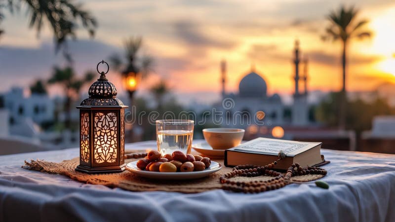 Ramadan Sunset: Holy Scripture and Dates on a Table Stock Photo - Image ...