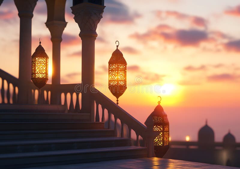 Ramadan Sunset with Lanterns and Stairs Stock Illustration ...