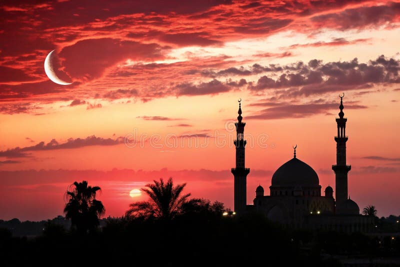 Ramadan Sunset - Red Sky and Crescent Moon Stock Illustration ...