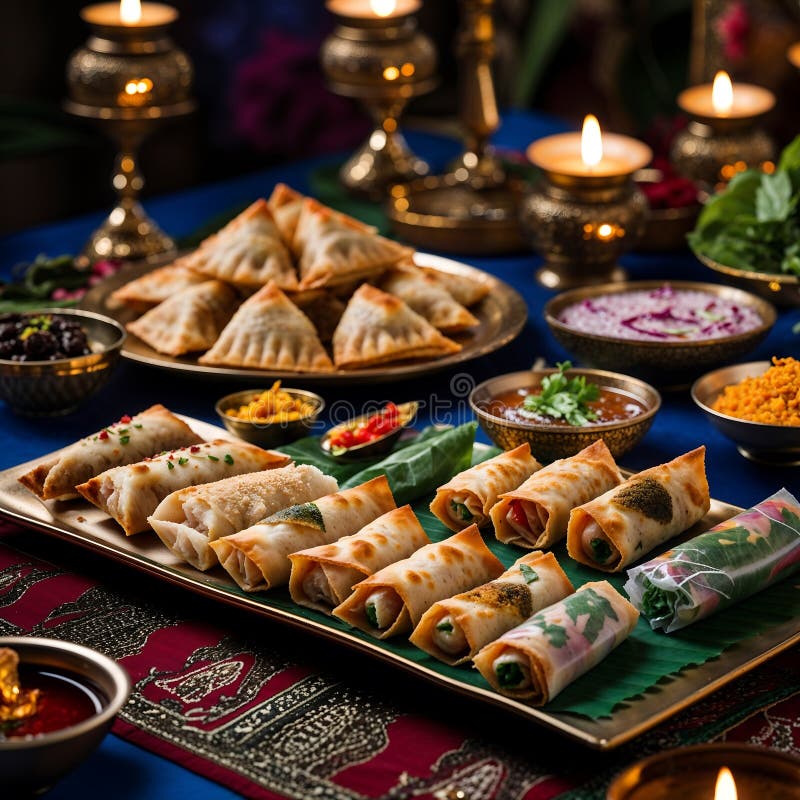 Ramadan Table with Samosas and Spring Rolls Stock Illustration ...