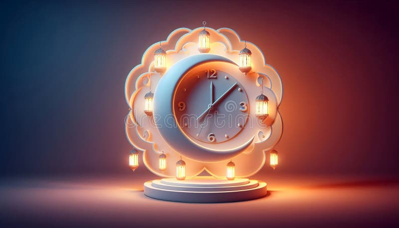 Ramadan Time Clock Decorated with Lanterns Stock Illustration ...
