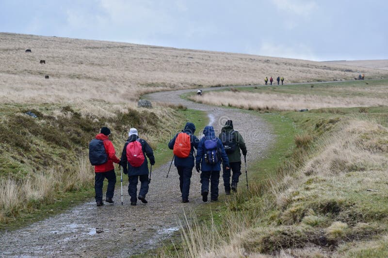 Ramblers Walking the Granite Path on Dartmoor National Park, Devon, UK ...