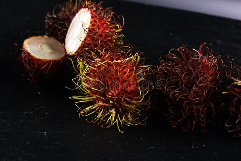 Rambutans Fruit with Leaf on Table. Rambutan or Hairy Lychee Stock ...