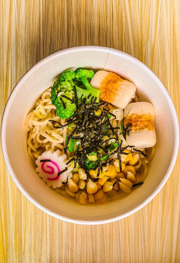 Japanese Ramen in a Cup on Wooden Table Stock Photo - Image of meal ...