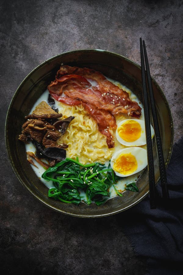 Ramen Noodles with Bacon and Spinach Stock Photo - Image of dish ...