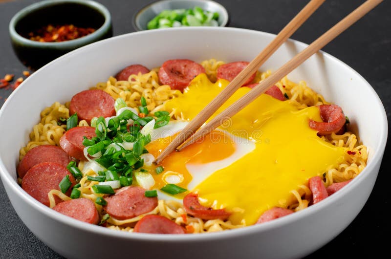 Ramen Noodles With Sausages Egg Melted Cheese And Scallion Microwave Shin Ramyeon Or Ramyun