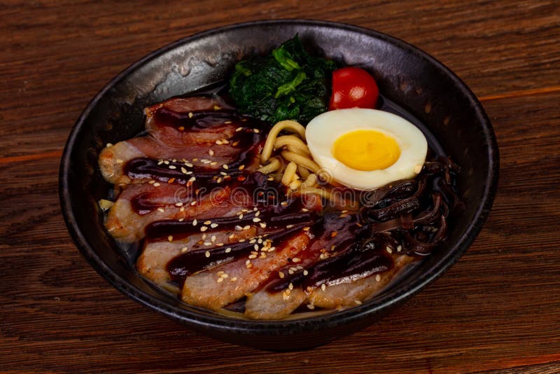 Ramen with Duck, Mushrooms, Eggs and Bok Choy Close-up in a Bowl ...