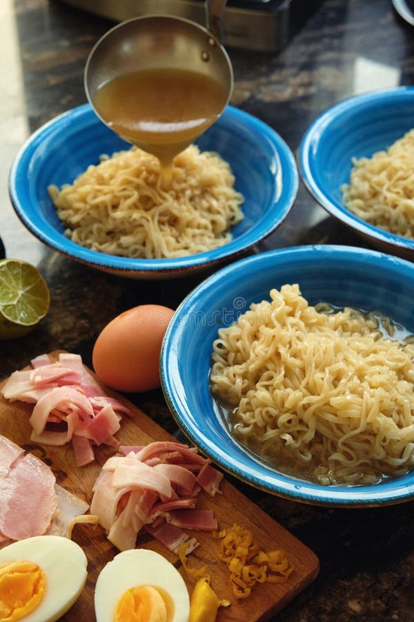 Ramen Soup in Plates Ingredients on the Table Stock Photo - Image of ...